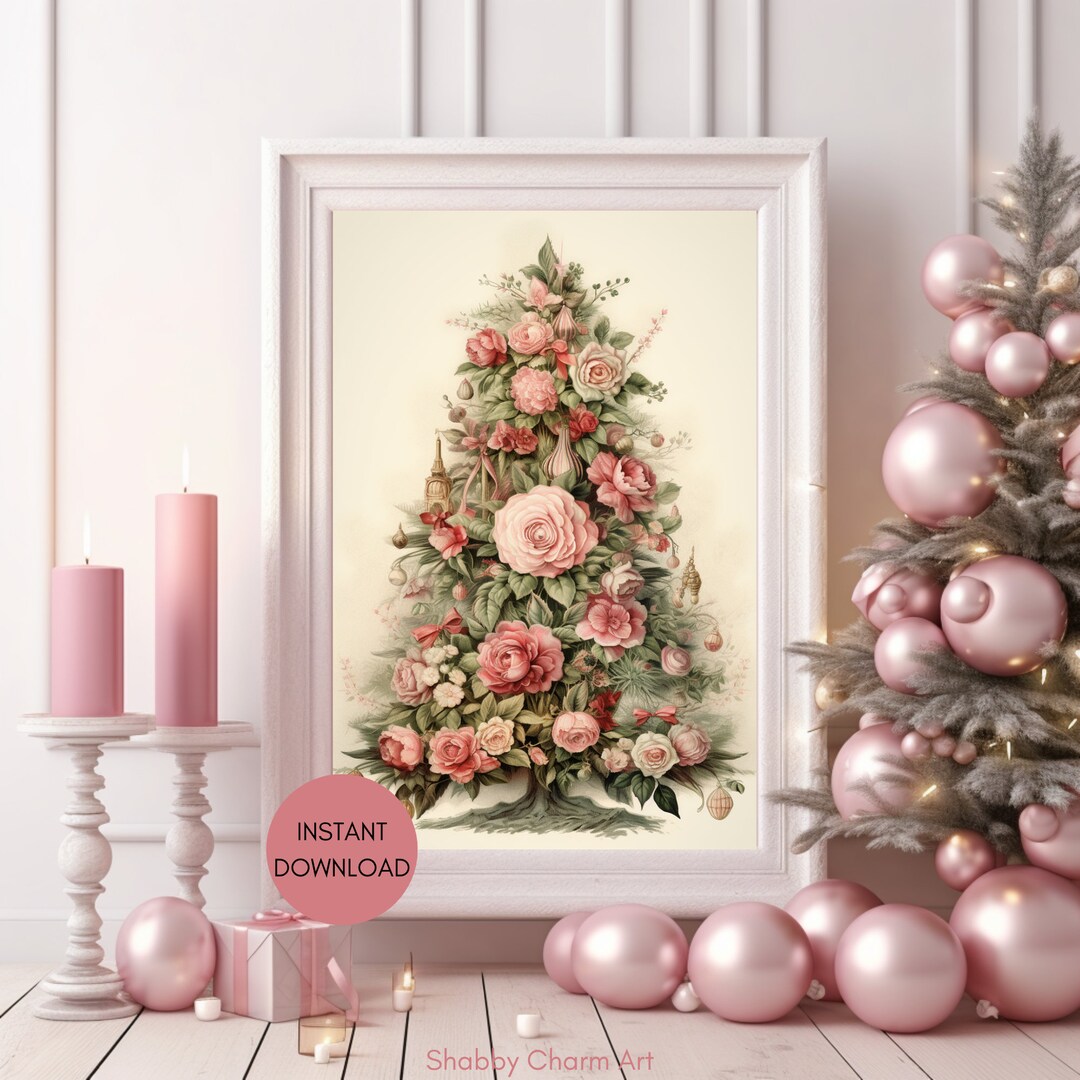 Shabby Chic Pink Rose Christmas Tree Wall Art Instant Digital Download ...