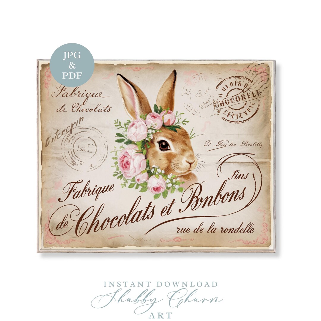 Vintage French Rabbit Wall Art Charming Bunny With Floral Crown and ...