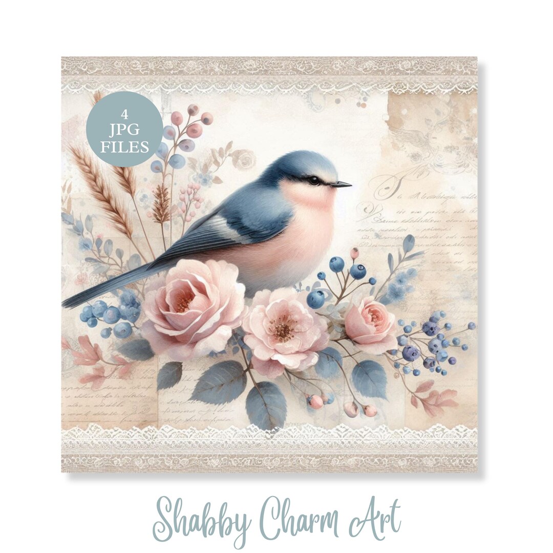 Shabby Chic Bluebird Clipart Bundle Vintage Floral Bird Illustration ...