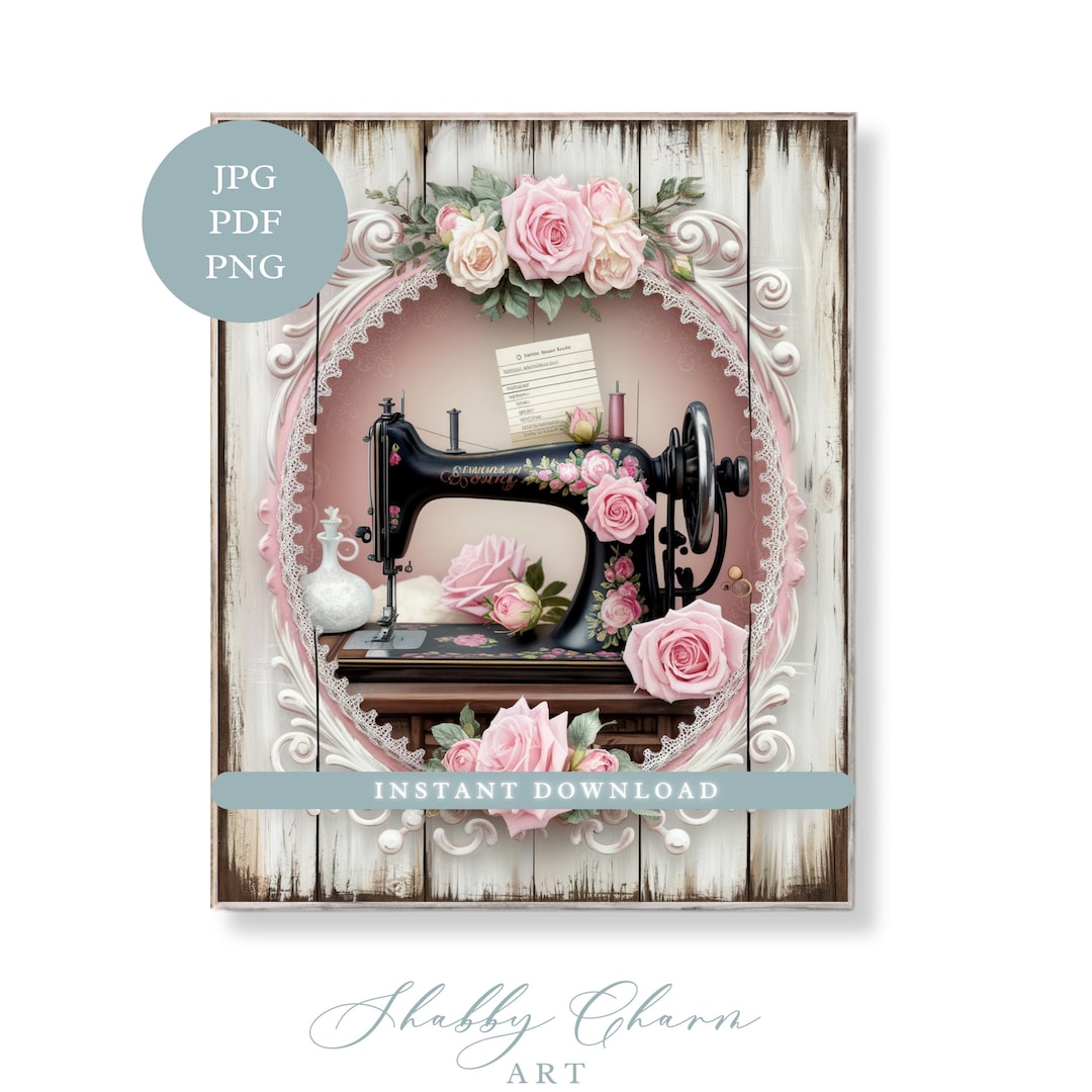 Vintage Sewing Machine Art Print With Pink Roses, Shabby Chic Floral ...