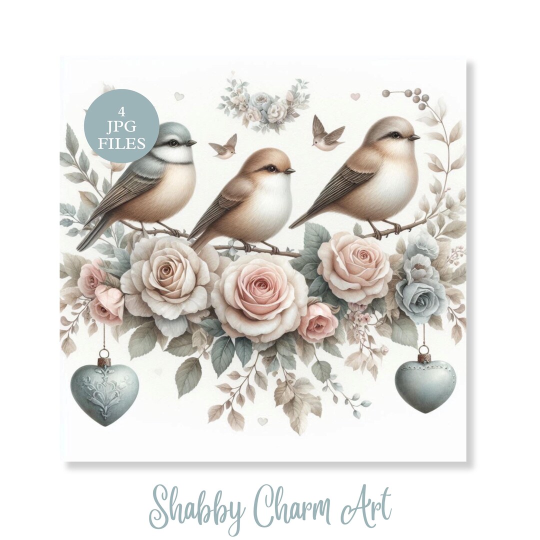Shabby Chic Birds Clipart JPG Bundle Vintage Floral Border Romantic ...