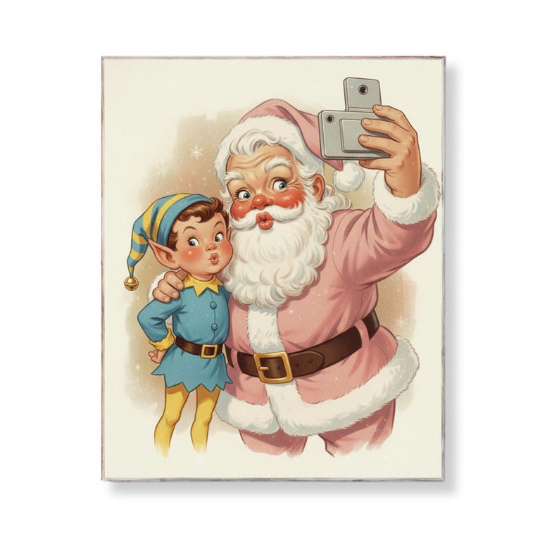 Pink Santa Selfie Funny Christmas Wall Art Retro Santa and Elf Print ...