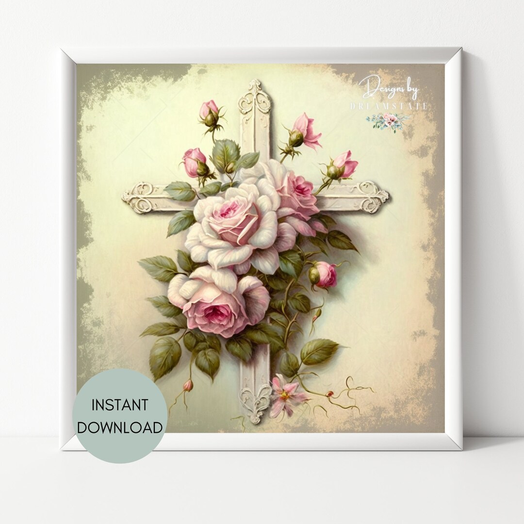 White Ornate Cross With Roses Instant Digital Download - Etsy