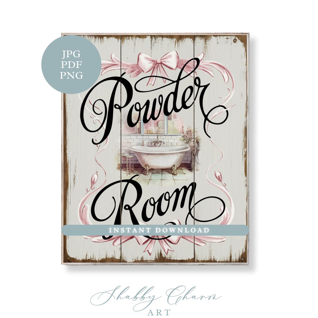 Powder Room Bathroom Wall Art Shabby Chic Vintage Printable Rustic ...