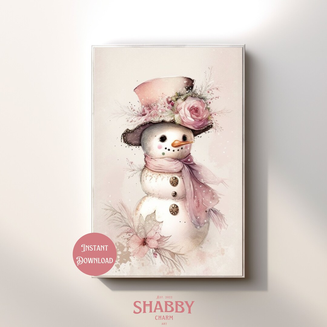 Pink Snowman Instant Digital Download Printable Wall Art Shabby Pink ...