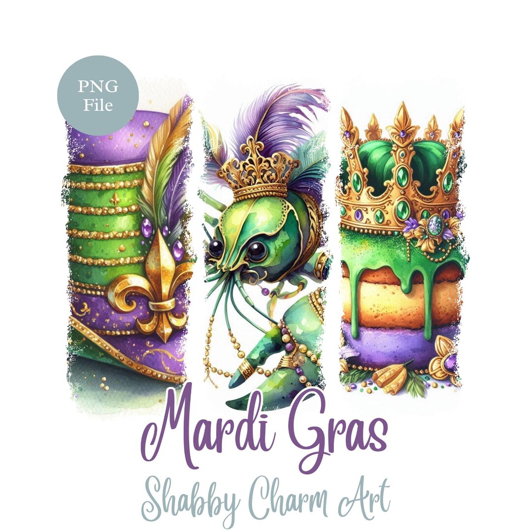 Brushstroke Mardi Gras Clipart PNG Glitter Crown Crawfish Hat King Cake ...