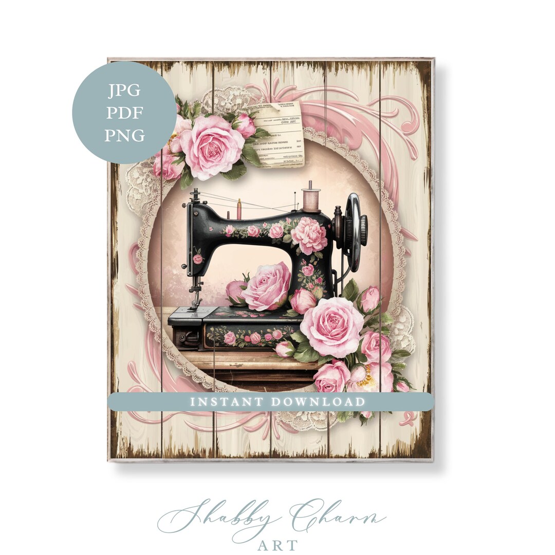 Vintage Sewing Machine Art Print With Pink Roses, Shabby Chic Floral ...