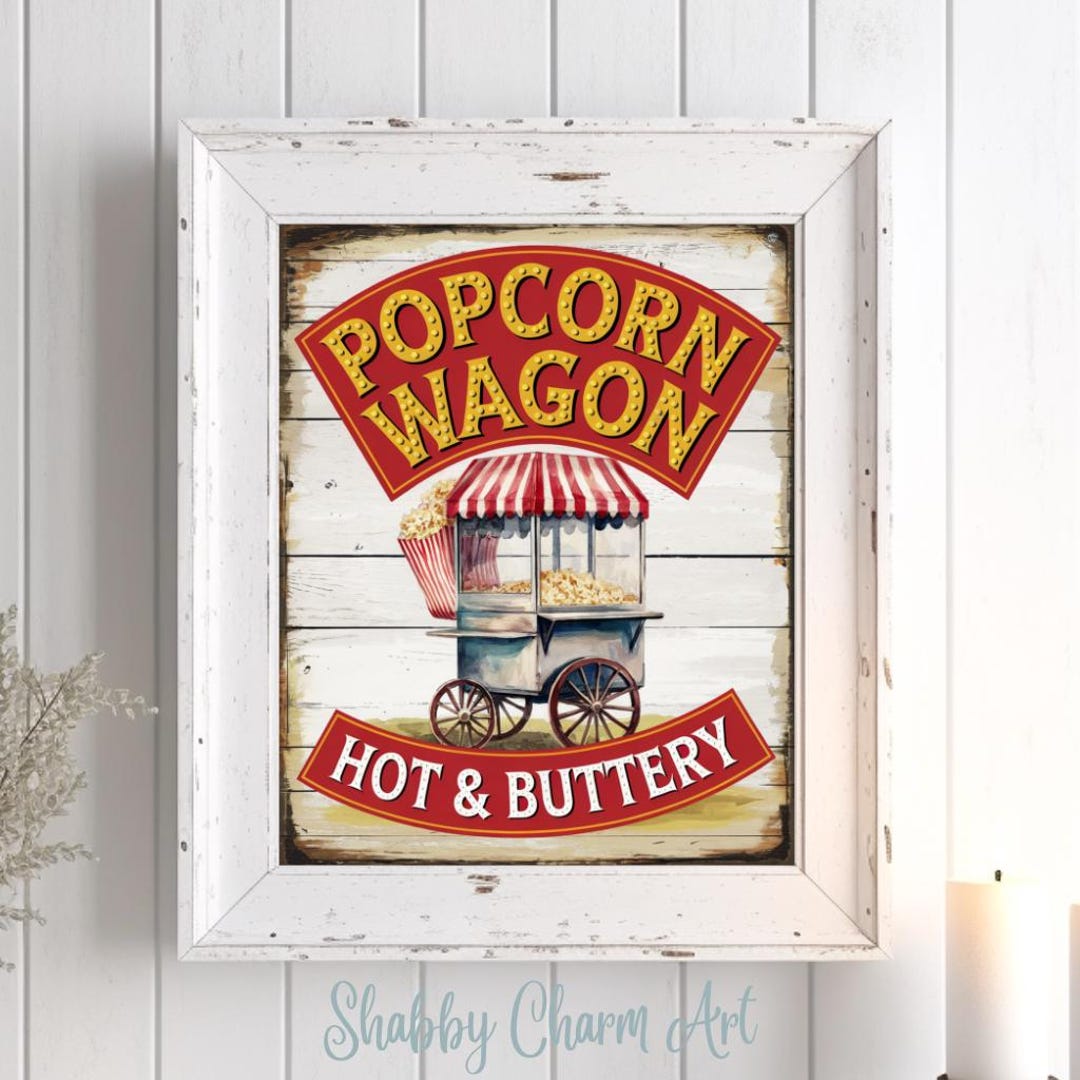 Vintage Popcorn Wagon Sign Carnival Concession Stand Wall Art Retro ...
