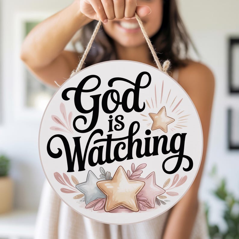 Christian Wreath Sign God is Watching Round PNG Faith Humor Door Hanger ...