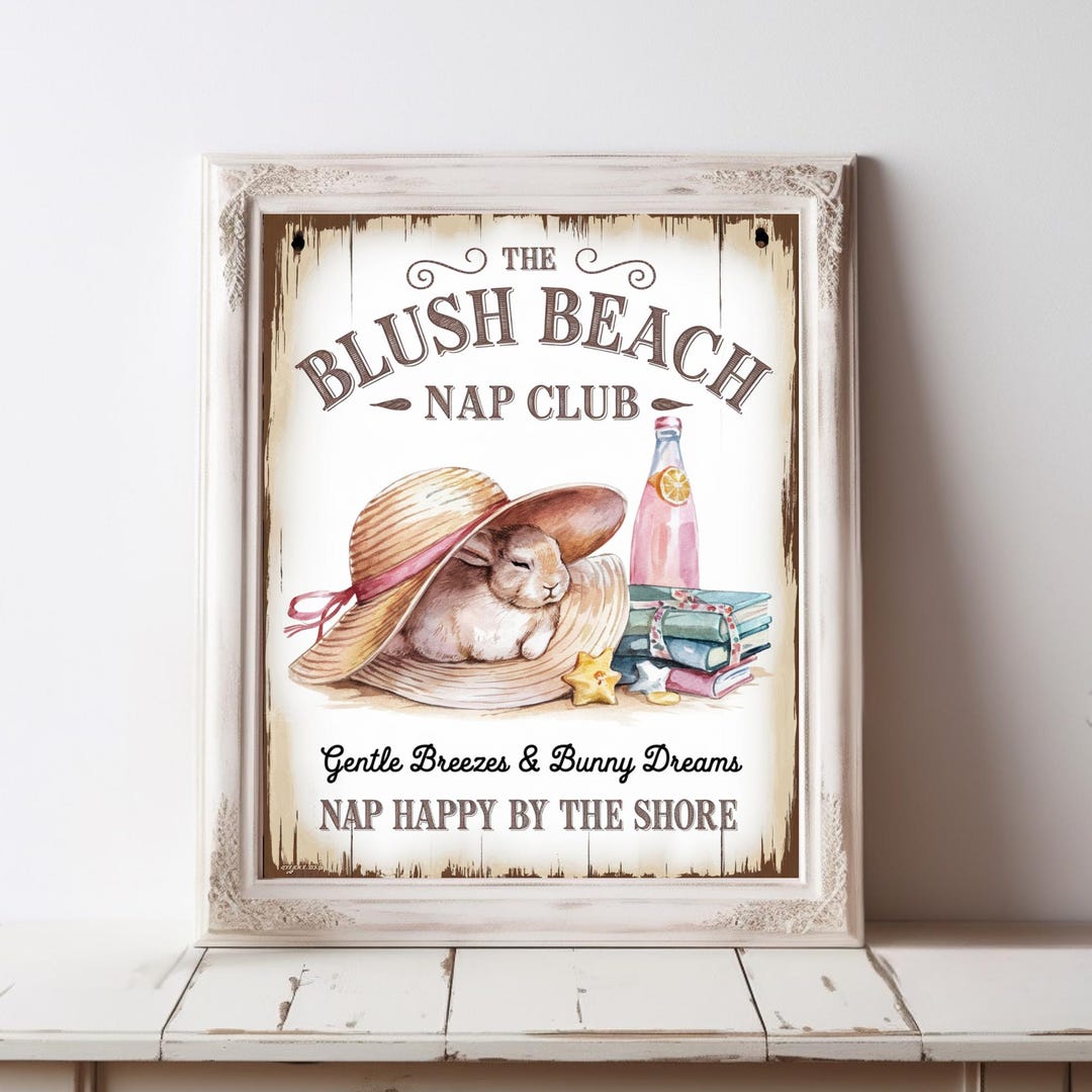 Blush Beach Bunny Nap Sign Coastal Summer Printable Cute Hat Sleep Art ...