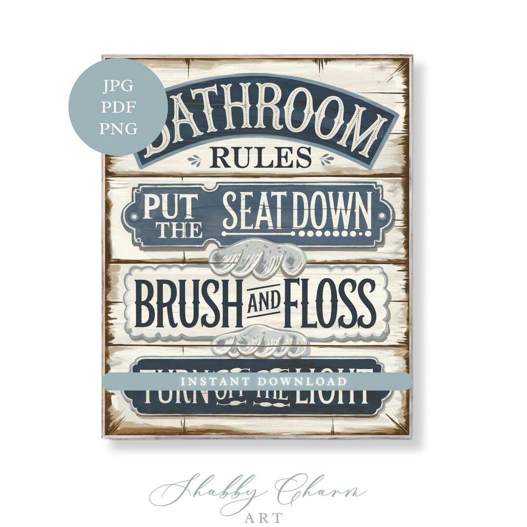 Rustic Bathroom Rules Sign, Vintage Style Wall Decor, Seat Down Brush ...