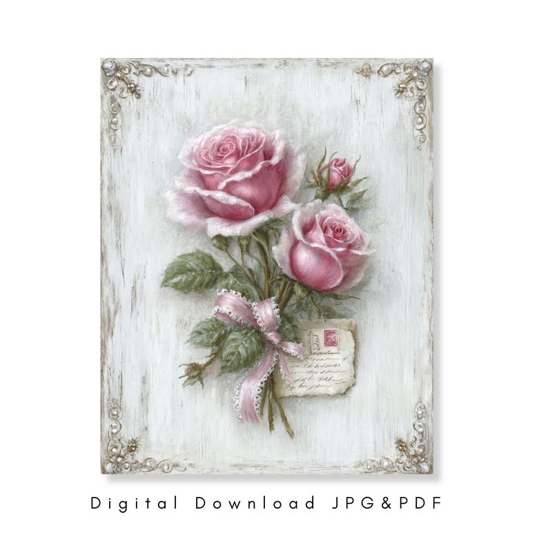 Shabby Chic Pink Roses Vintage Botanical French Cottage Floral Image ...