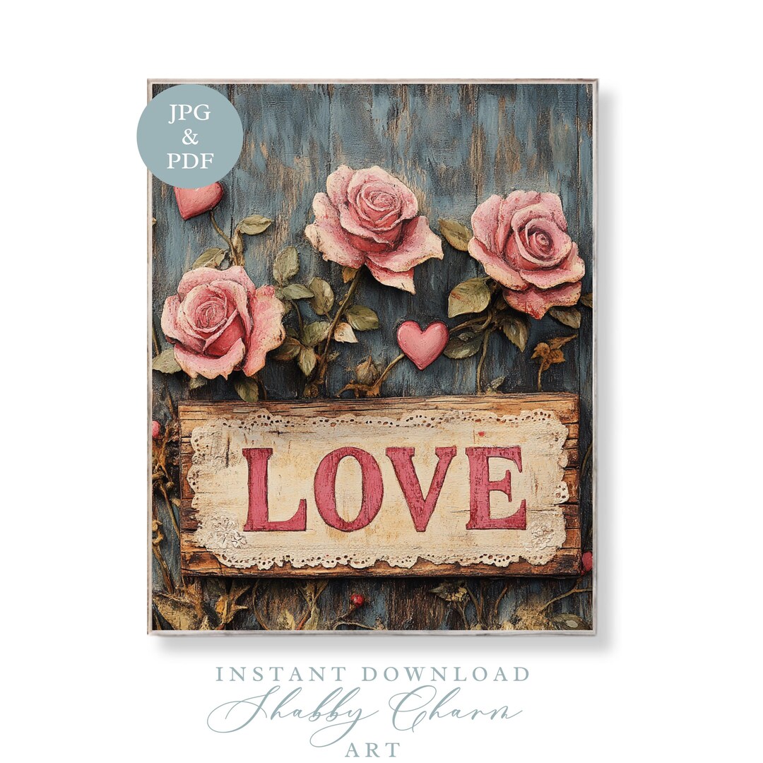 Primitive Shabby Chic Love Sign With Roses and Hearts Vintage Farmhouse ...
