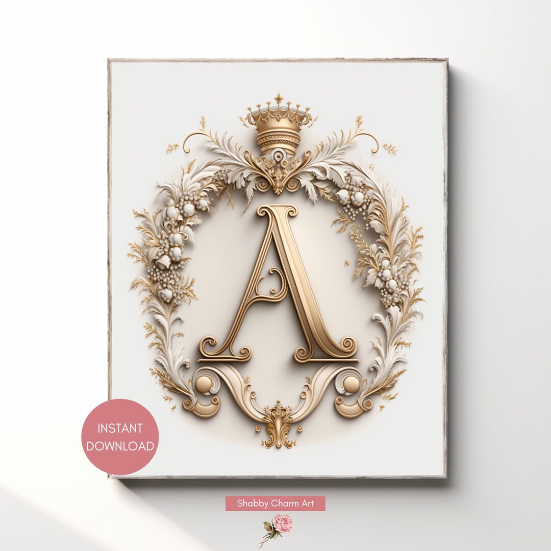 Gold Crown Letter A Monogram Wall Art Elegant Home Decor Instant ...