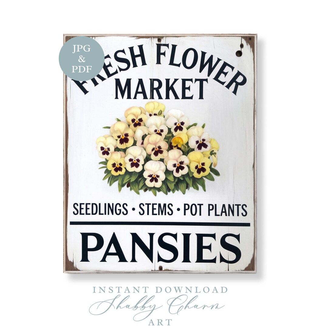 Pansy Wall Art, Shabby Chic Floral Printable, Vintage Flower Market ...