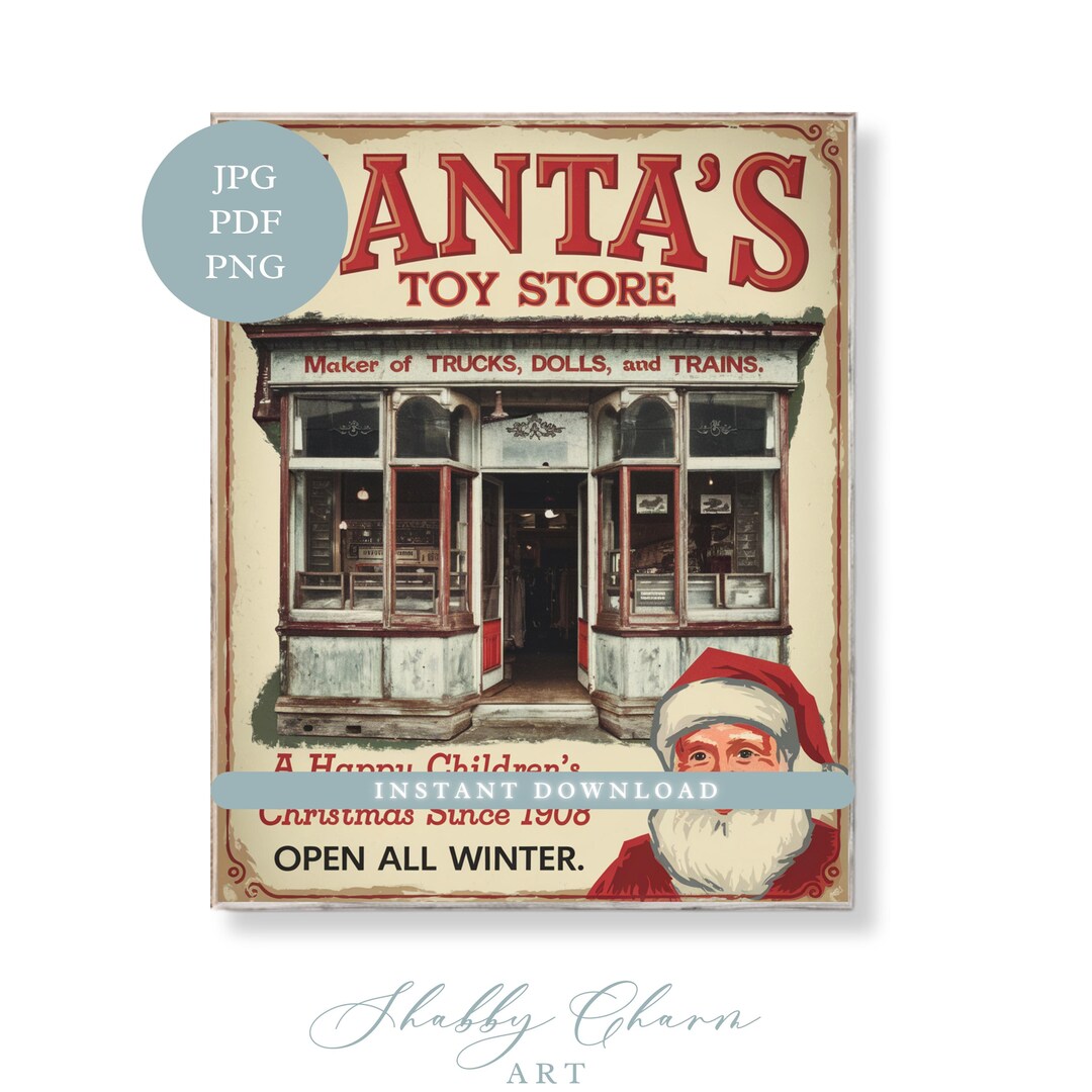 Vintage Santa's Toy Store Sign, Shabby Chic Christmas Wall Art, Rustic ...