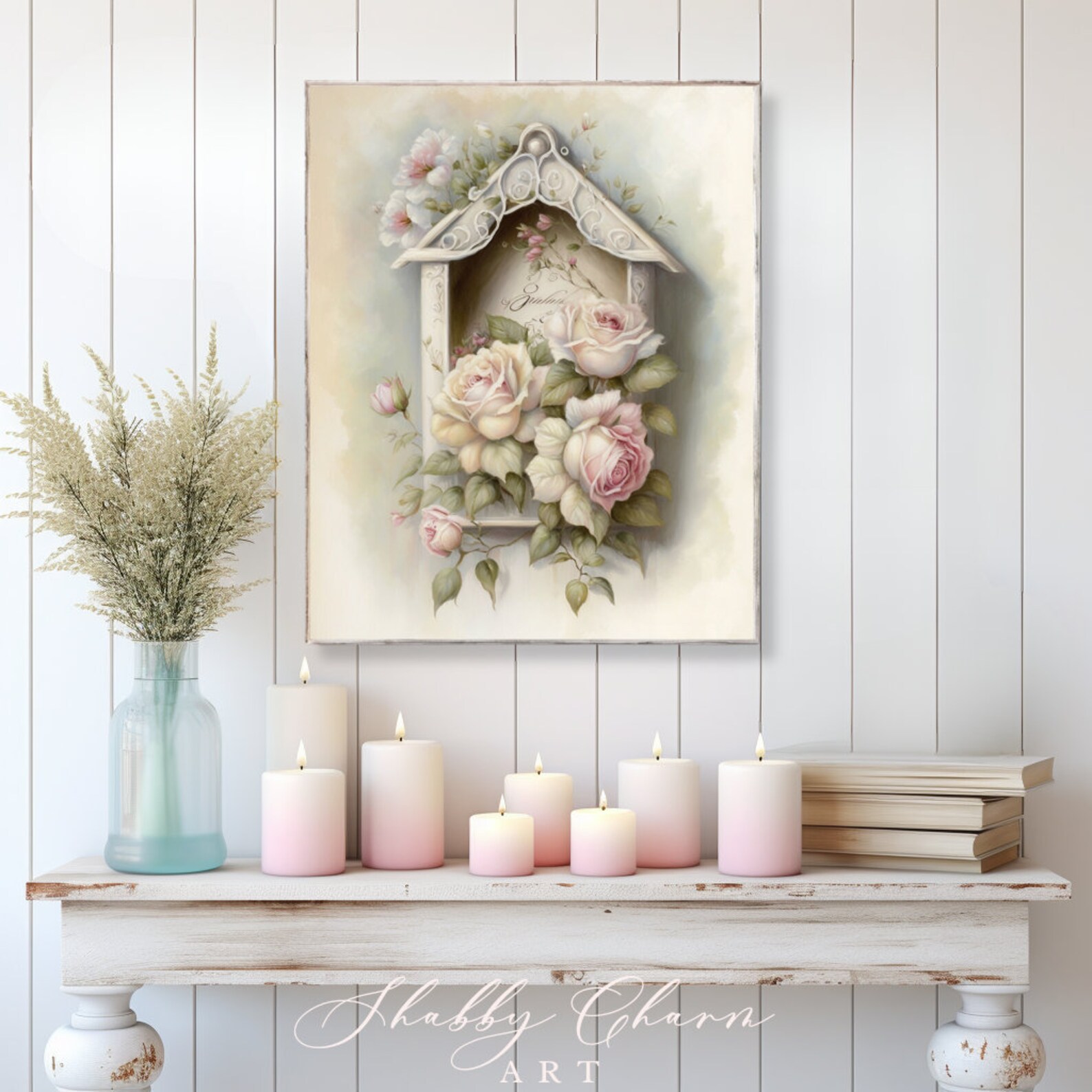 Shabby Chic Roses Wall Decor Pink Wall Art Vintage Cottage Style Floral ...