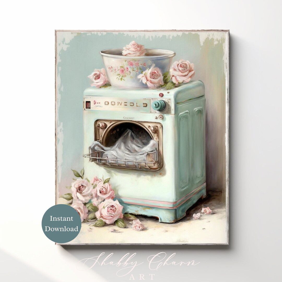 Shabby Chic Washing Machine Watercolor Print Vintage Wall Art Instant ...