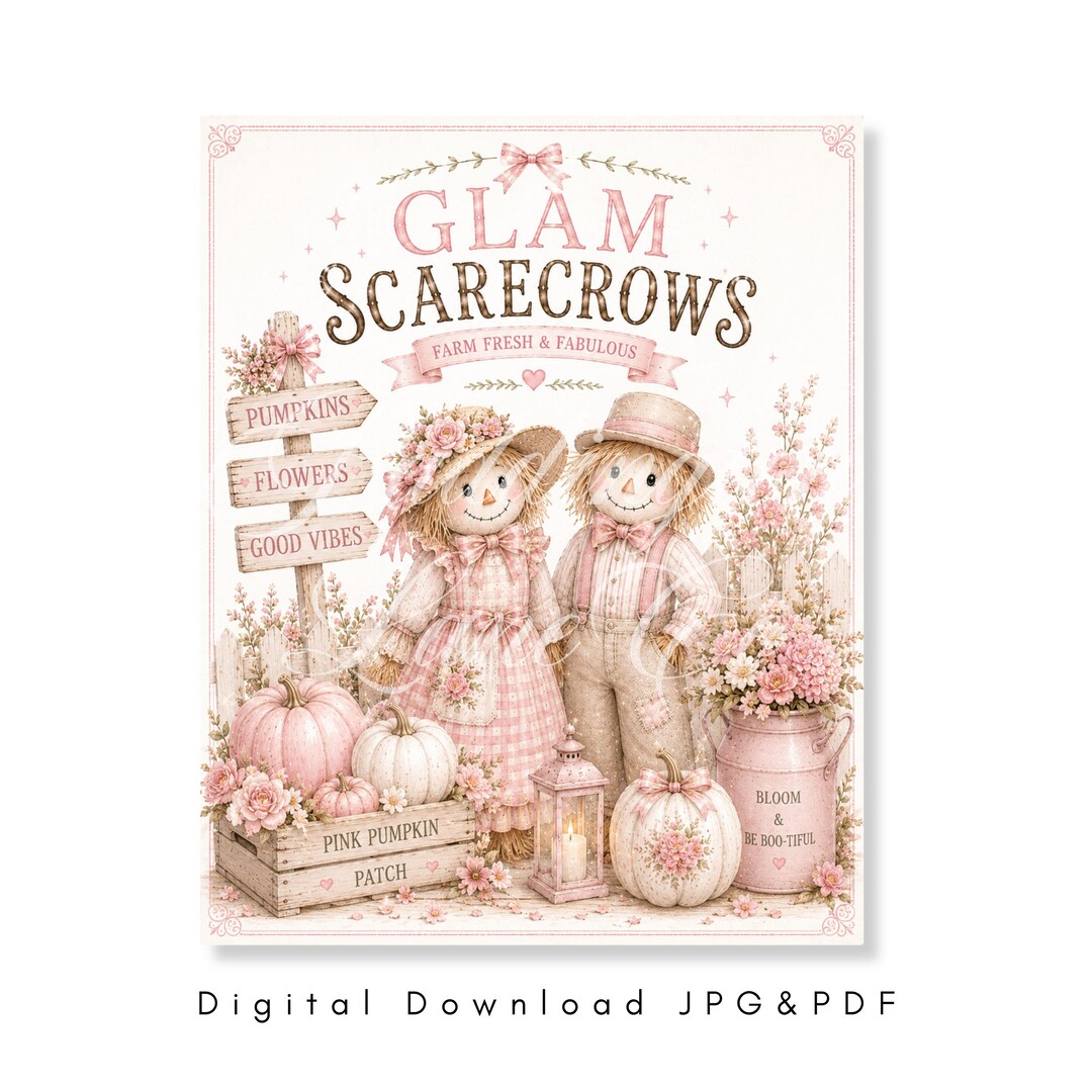 Pink Scarecrow Decor Printable Glam Scarecrow Wall Art Shabby Chic Fall ...