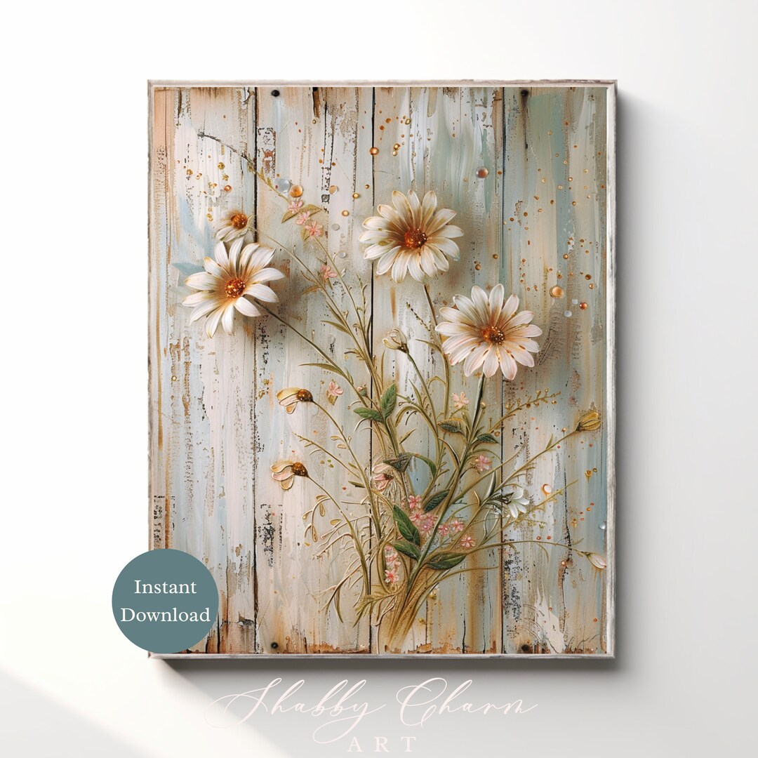 Rustic Daisies Wall Decor, Farmhouse Floral Print, White Wood Sign ...