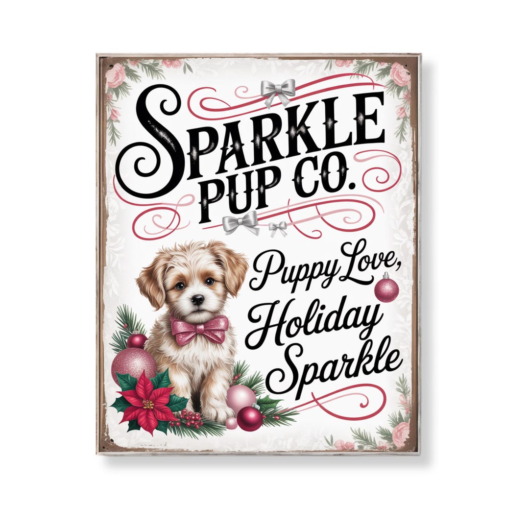 Christmas Puppy Wall Art Sparkle Pup Co Vintage Shabby Chic Dog Print ...