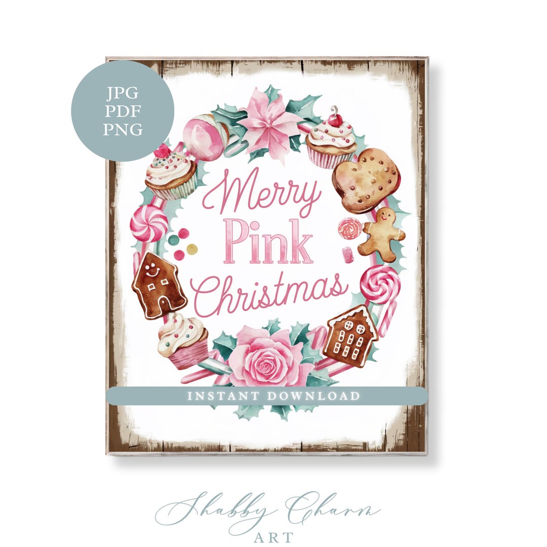Pink Vintage Christmas Wall Art Shabby Chic Holiday Printable Festive ...