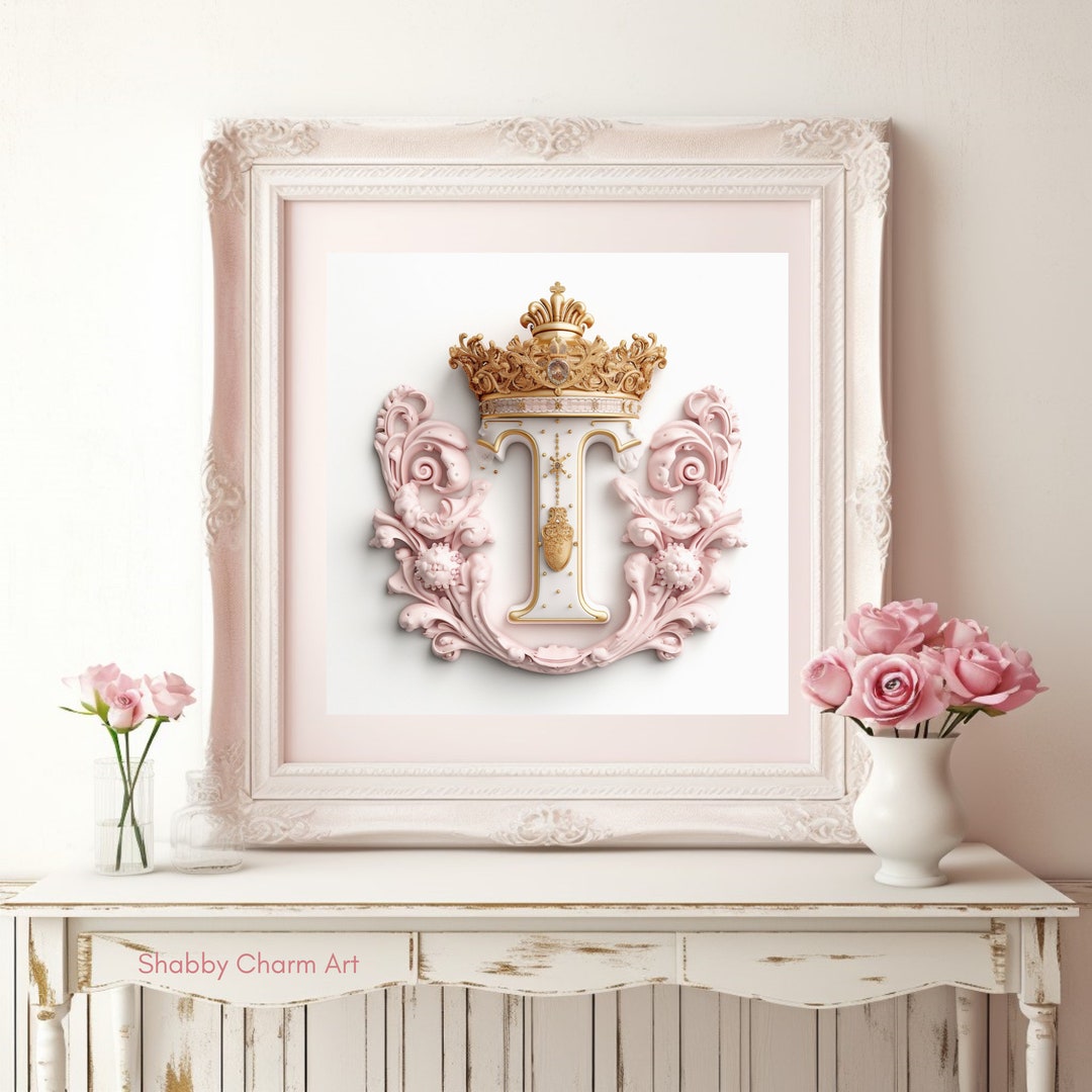 Letter T Monogram Wall Art Pink and Gold Crown Image - Etsy