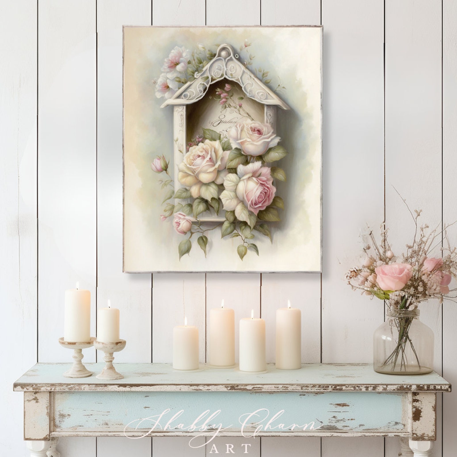 Shabby Chic Roses Wall Decor Pink Wall Art Vintage Cottage Style Floral ...