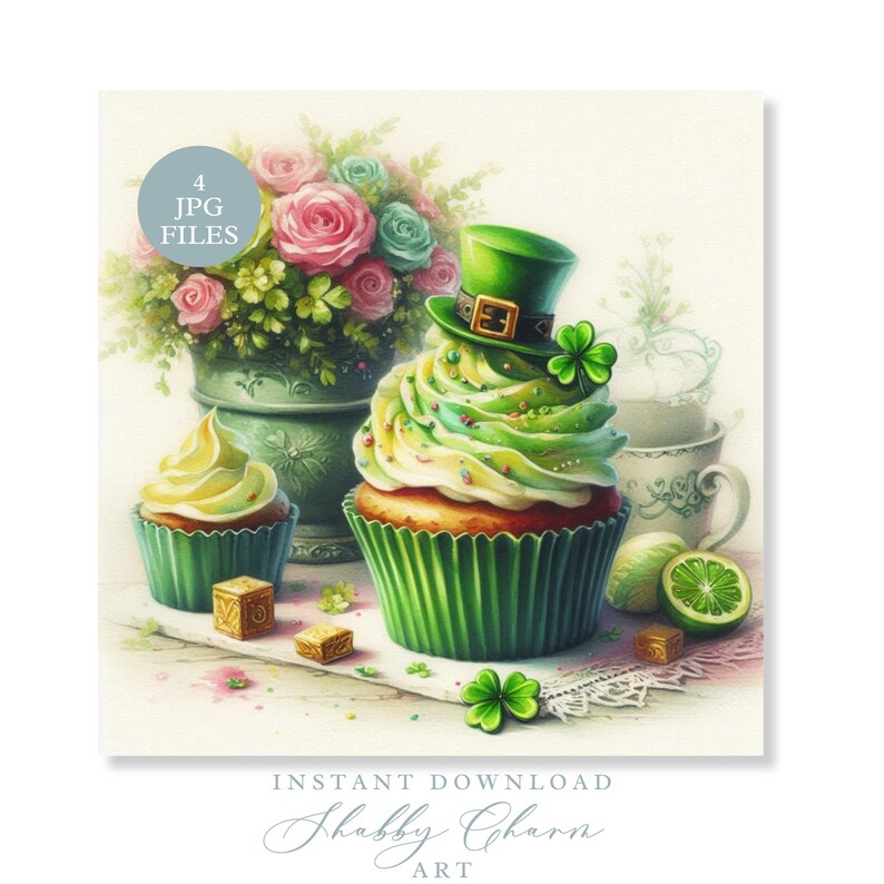 Shabby Chic St Patrick Cupcake Clipart Bundle Green Frosting Clover Hat ...