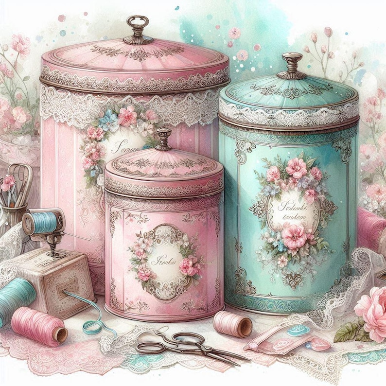 Clipart de latas de costura Shabby Chic: Diseño Cottagecore en acuarela ...