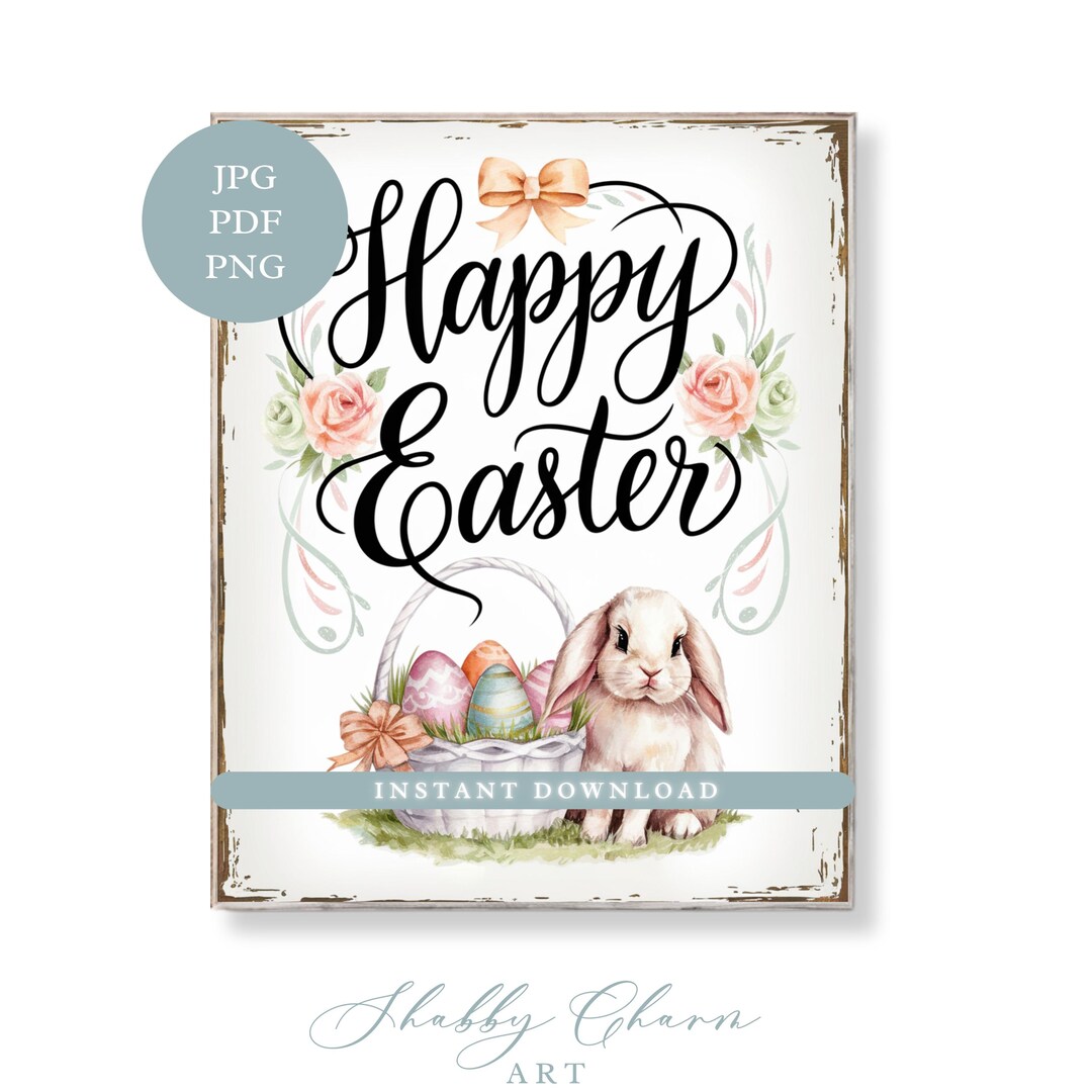 Happy Easter Bunny Sign Vintage Spring Decor With Basket of Eggs and ...