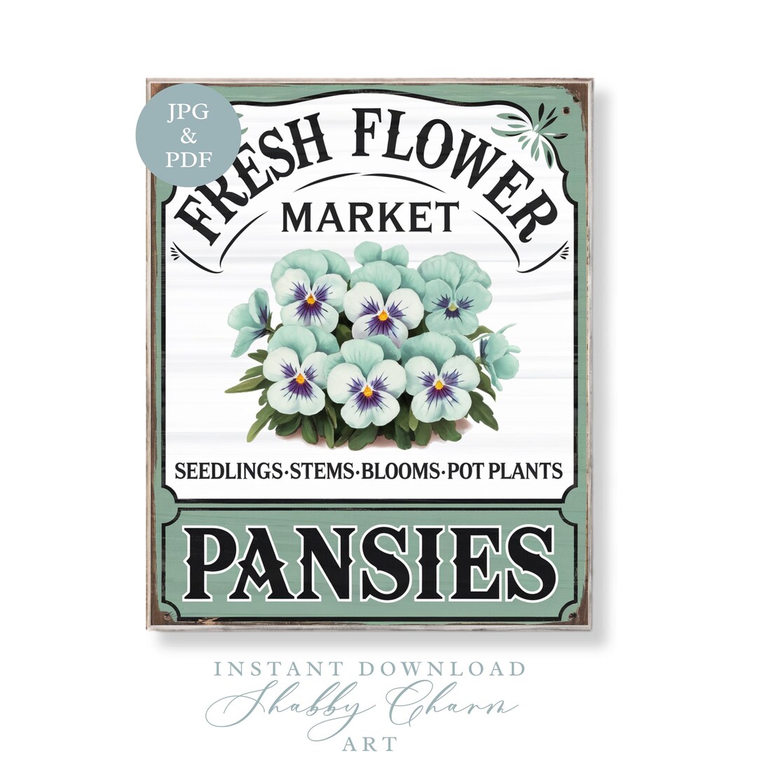 Pansy Wall Art, Shabby Chic Floral Printable, Vintage Flower Market ...