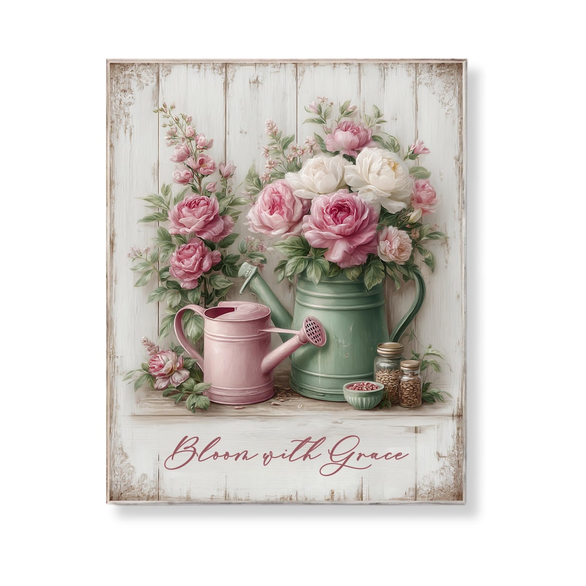 Vintage Shabby Chic Floral Wall Art Bloom With Grace Sign Pink Rose ...
