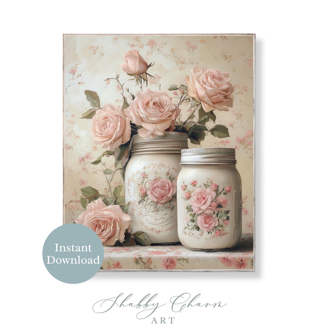 Vintage Floral Mason Jar Wall Art Shabby Chic Rose Printable Rustic ...