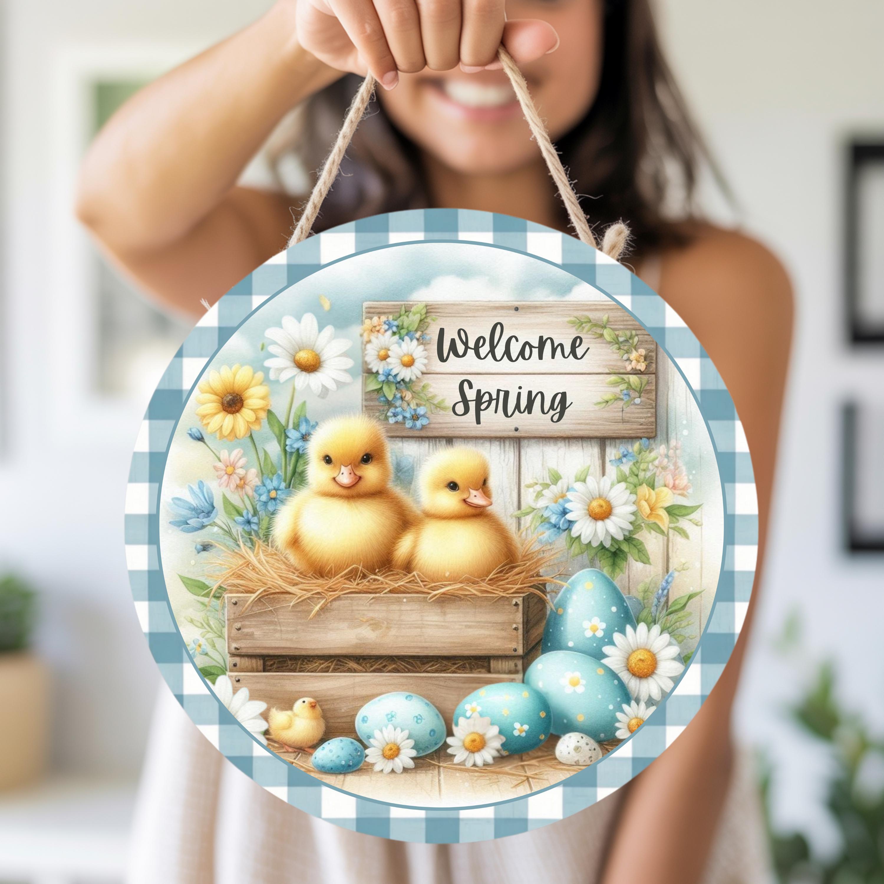 Welcome Spring Chicks Sign PNG Farmhouse Easter Decor Round Wreath ...
