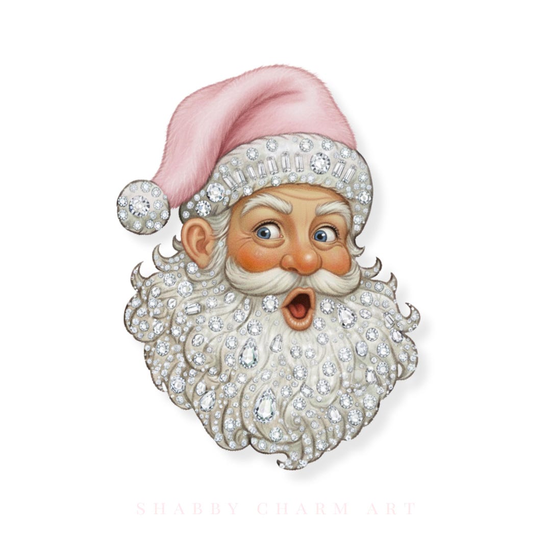 Pink Rhinestone Surprised Santa Head PNG Bedazzled Christmas Clipart ...