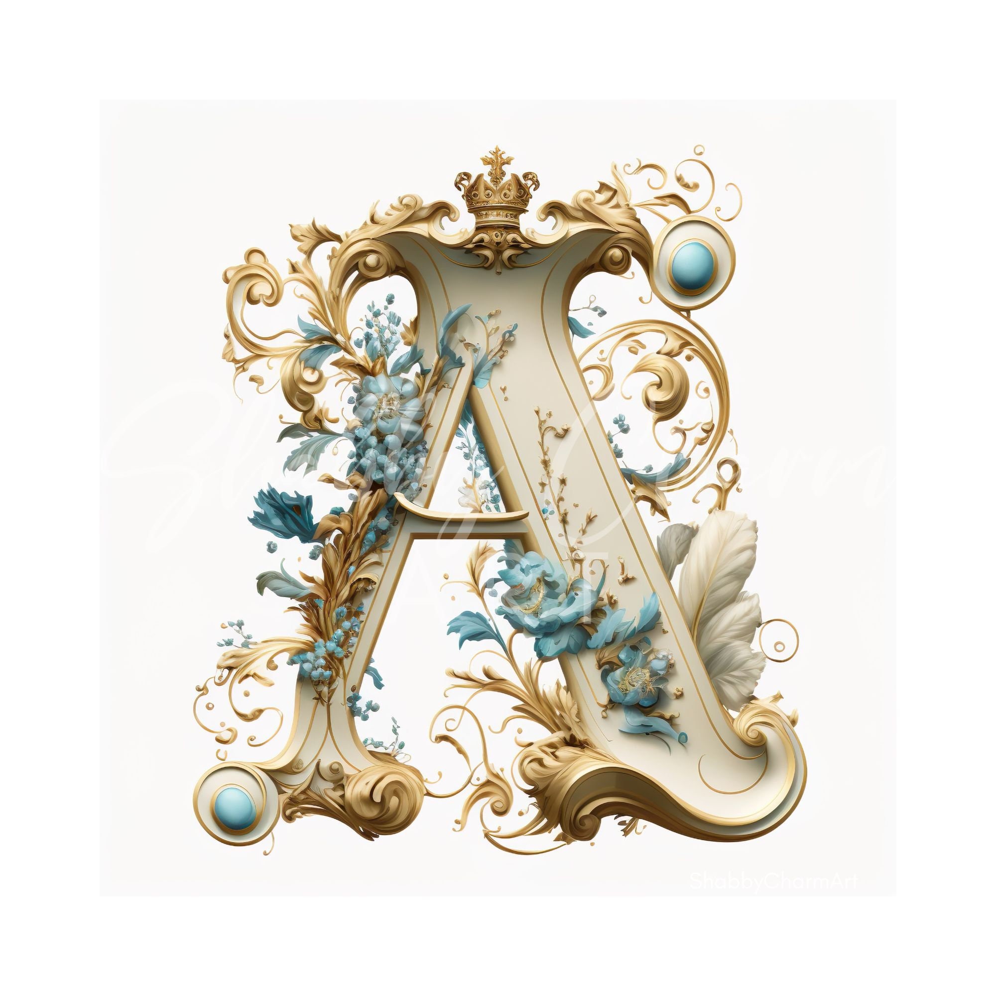 Letter A Monogram Wall Art Blue and White Crown Instant - Etsy