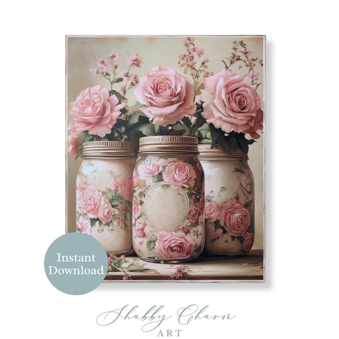 Vintage Floral Mason Jar Wall Art Shabby Chic Rose Printable Rustic ...
