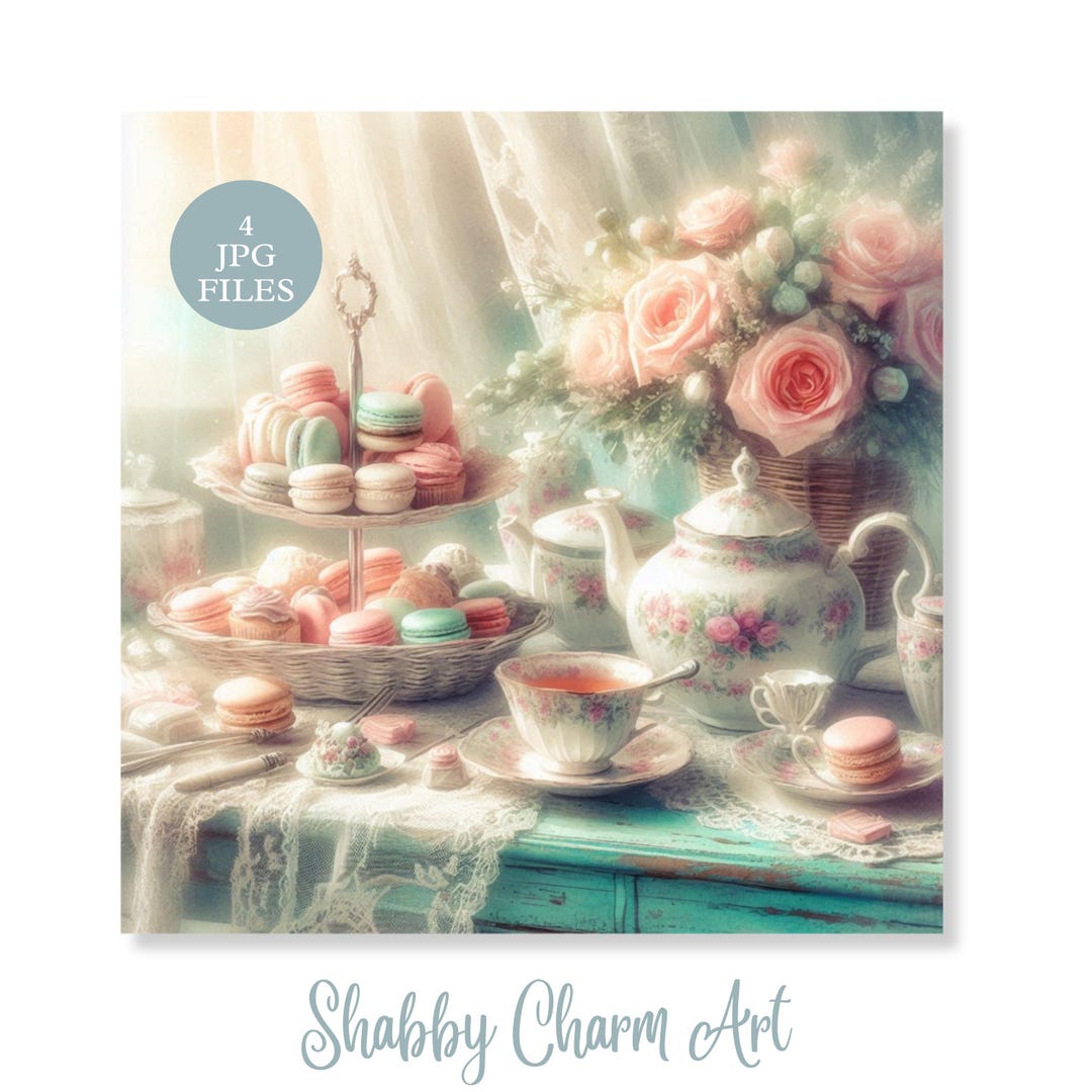 Shabby Chic Tea Party Clipart JPG Bundle Vintage Pastel French Macarons ...