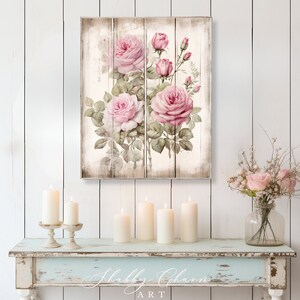 Pink Rose Wall Art, Floral Farmhouse Decor, White Wood Farmhouse Sign ...