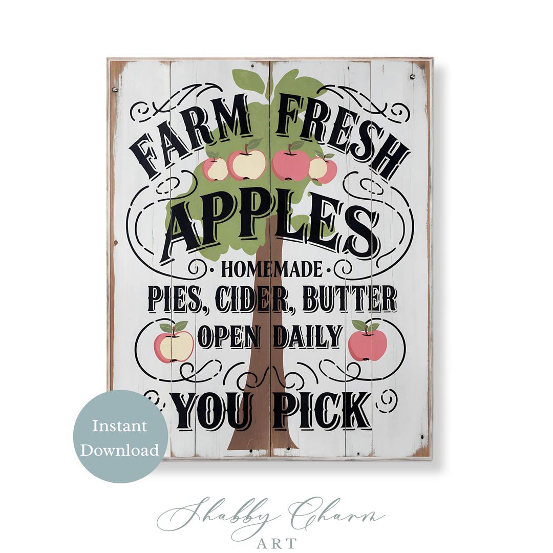 Shabby Chic Signs, Farm Fresh Apple Decor Print, Instant Digital ...