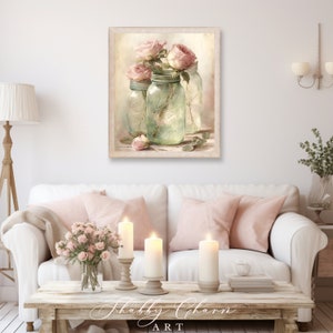 Shabby Chic Glass Jar Roses Pink Wall Art Vintage Cottage Style Floral ...