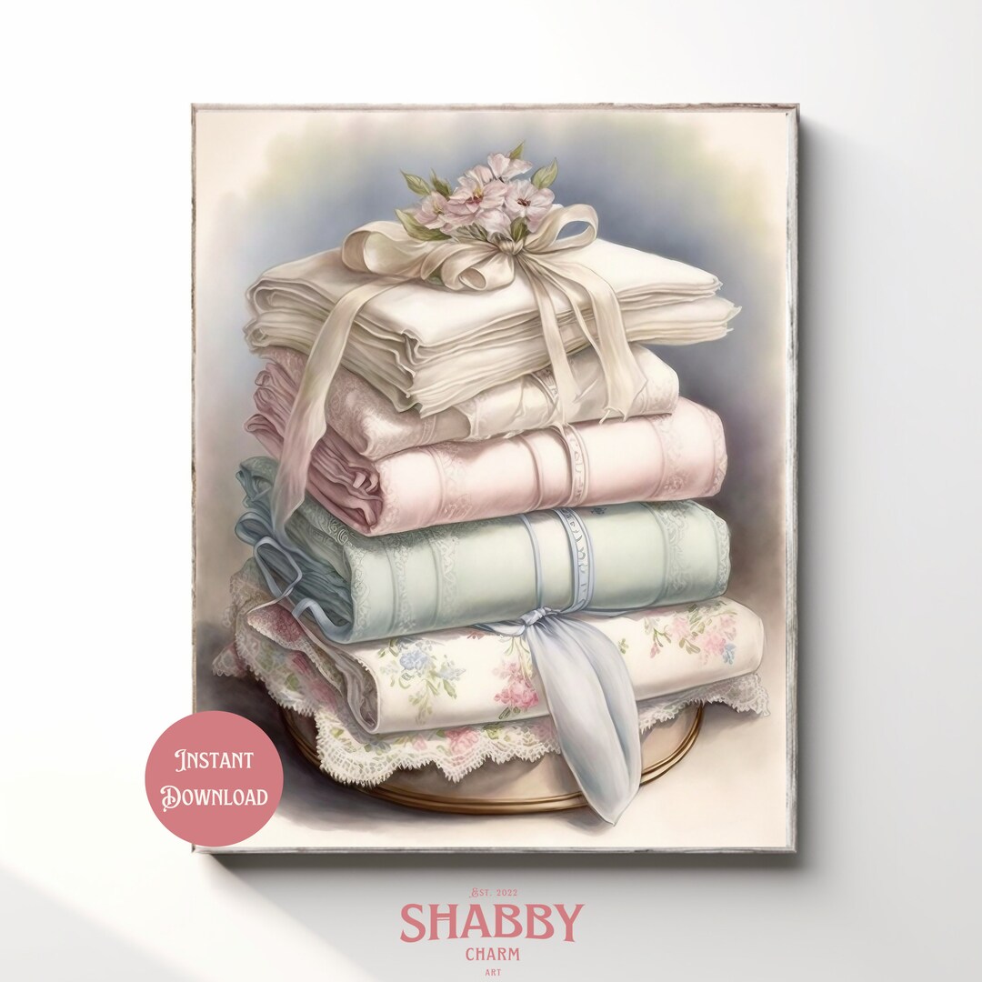 Vintage Linen Stack Watercolor Print, Shabby Chic Wall Art, Instant ...