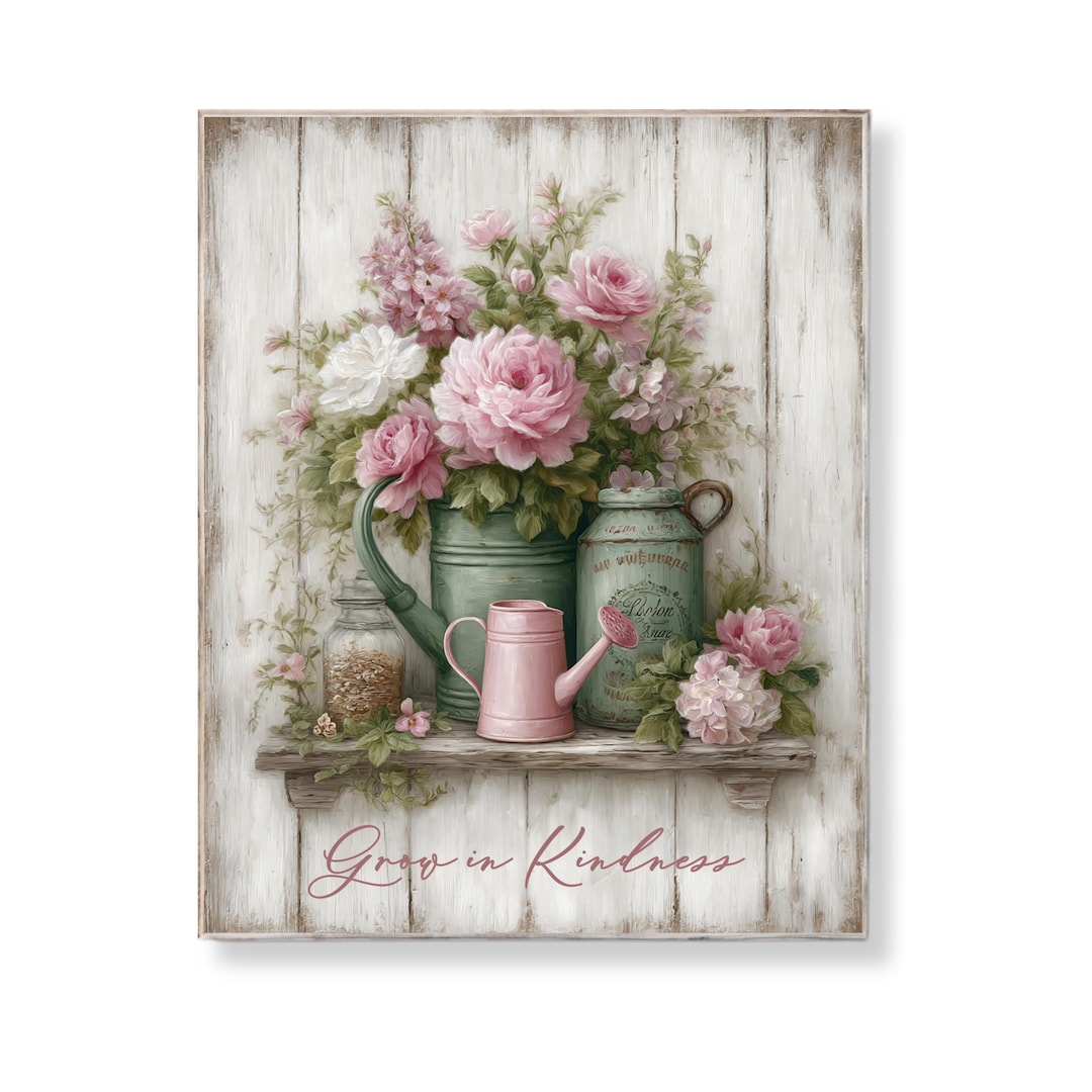 Vintage Shabby Chic Garden Wall Art Grow in Kindness Print Pink Rose ...
