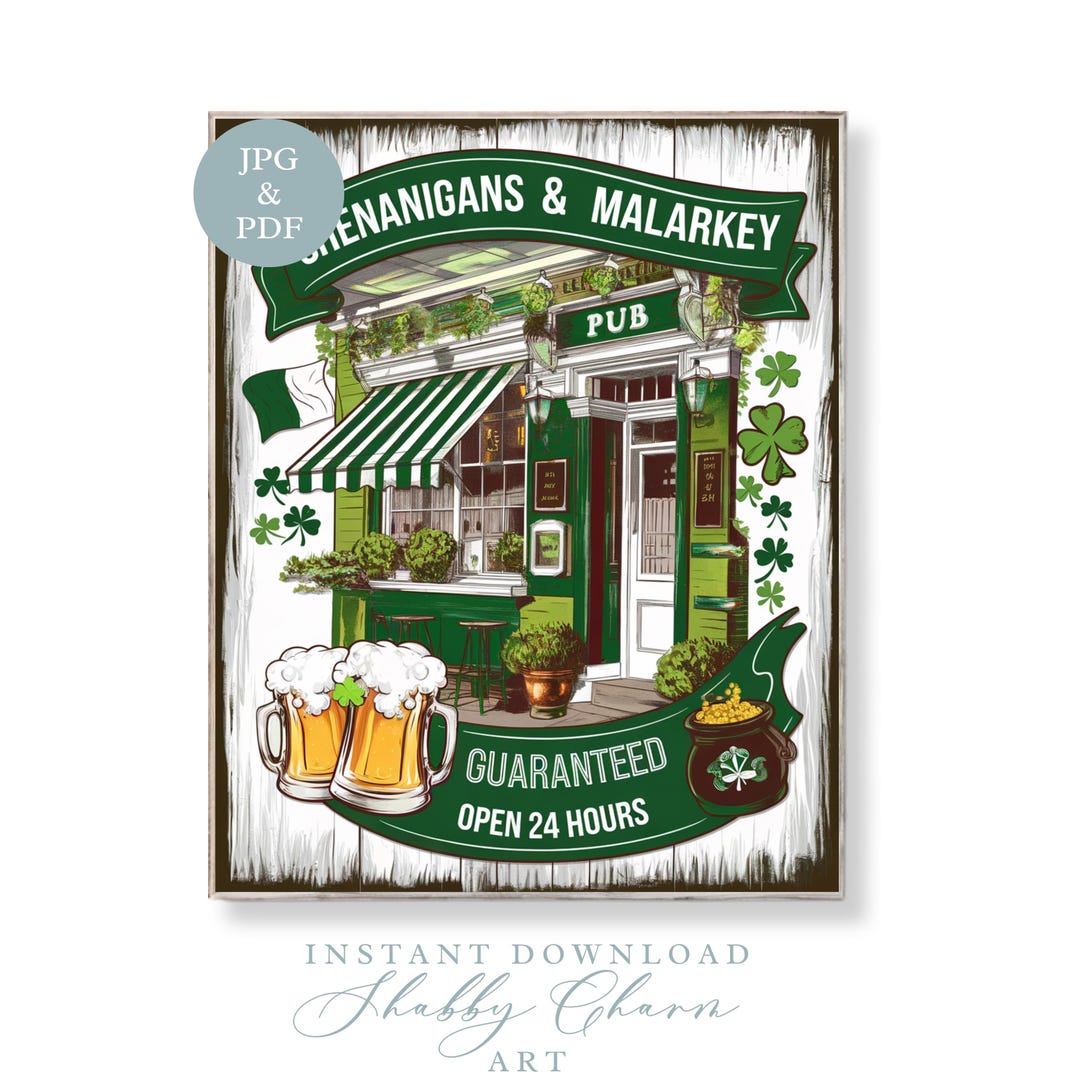 Irish Pub Sign Printable Shenanigans & Malarkey St. Patricks Day Decor ...