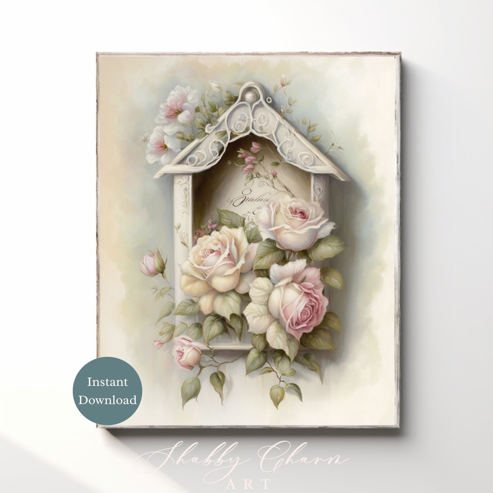 Shabby Chic Roses Wall Decor Pink Wall Art Vintage Cottage Style Floral ...