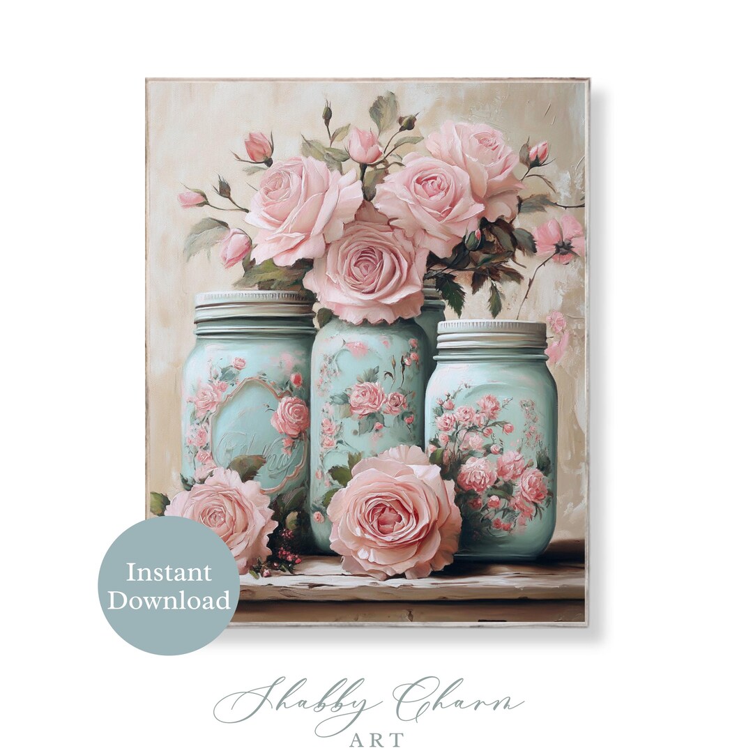 Vintage Floral Mason Jar Wall Art Shabby Chic Rose Printable Rustic ...