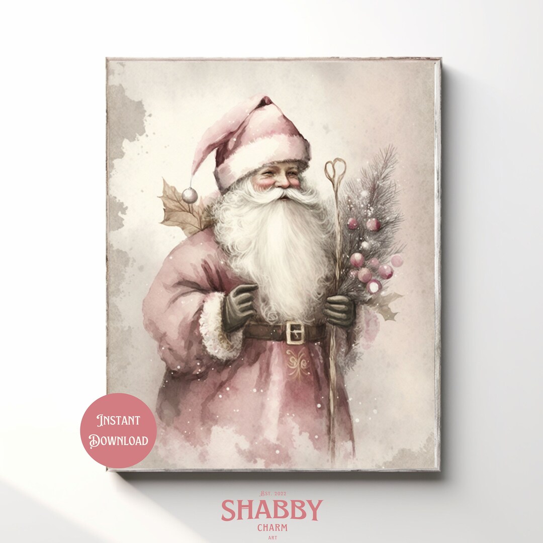 Pink Retro Santa 8 X 10 Christmas Print Pink Vintage Santa Cottage Core ...