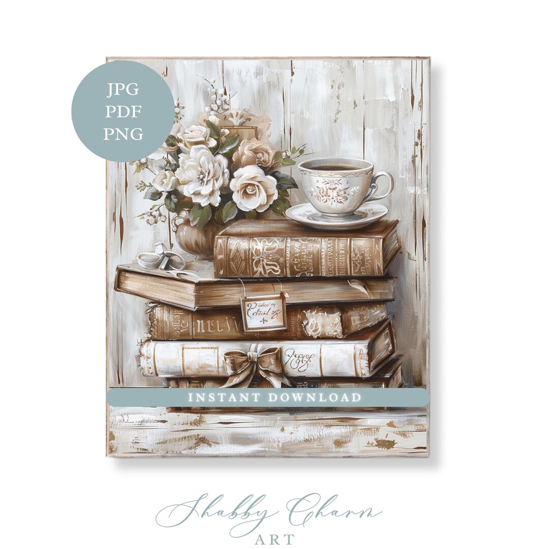 Vintage Books and Teacup Wall Art, Shabby Chic Library Decor, Rustic ...
