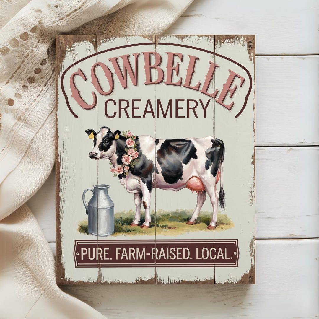 Cowbelle Creamery Sign Vintage Farm Cow Wall Art Rustic Dairy Kitchen ...